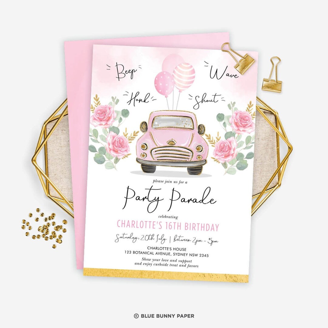 EDITABLE Drive by Birthday Party Parade Invitation. Pink Floral Car ...