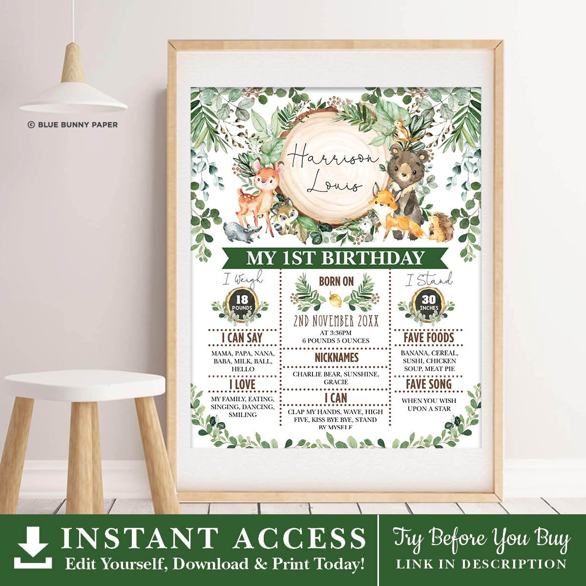 Woodland Birthday Milestone Poster Greenery Forest Animals - Etsy