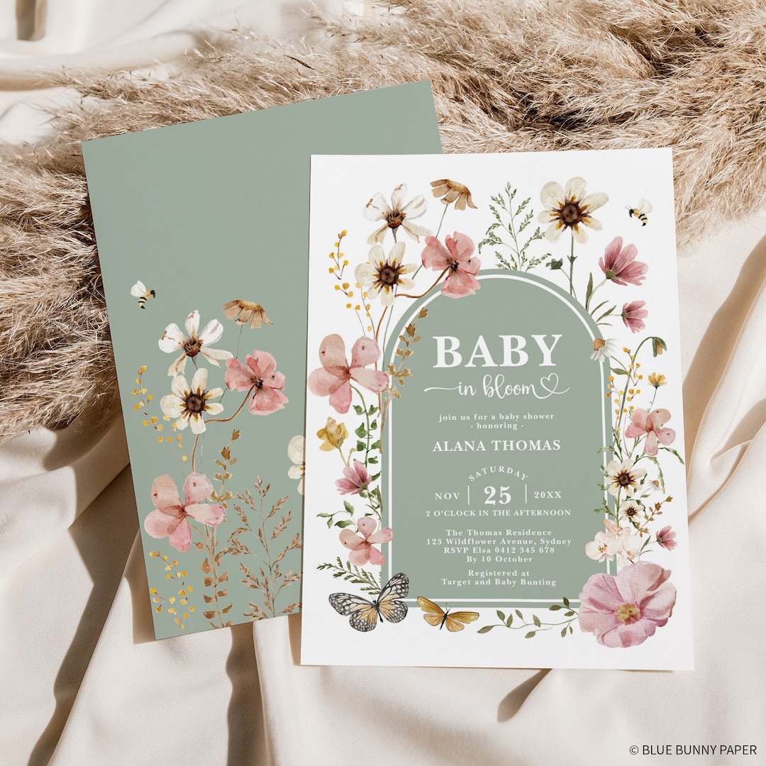 Wildflower Baby in Bloom Invitation Sage Green Boho Baby Shower Invite ...