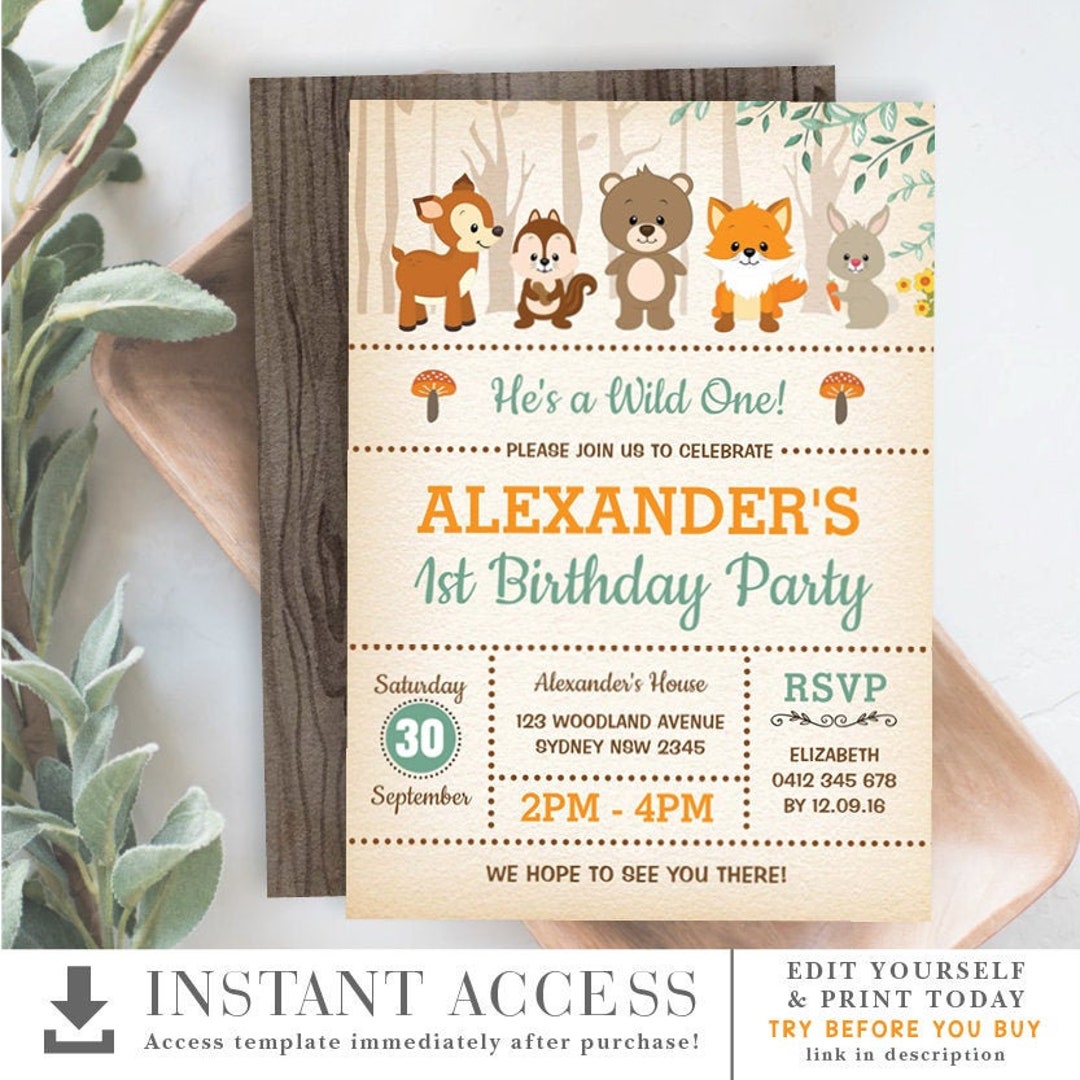 Woodland 1st Birthday Invitation. Forest First Birthday Party Printable ...