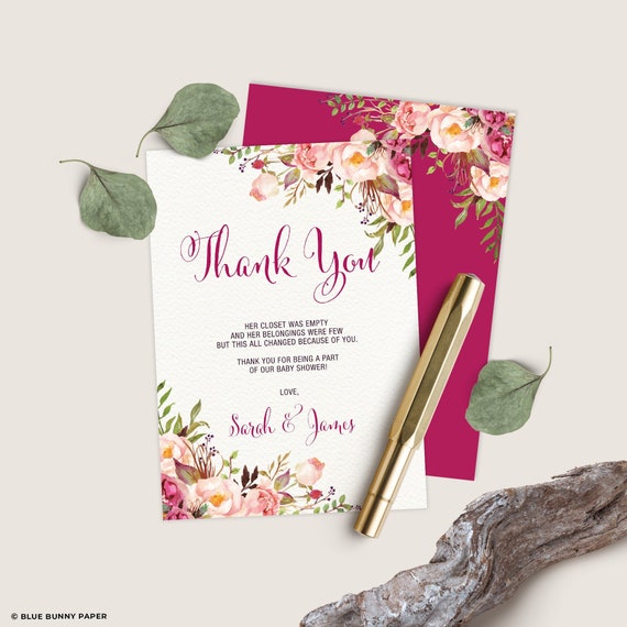 Editable Boho Floral Thank You Card Template, Rustic Baby Shower ...
