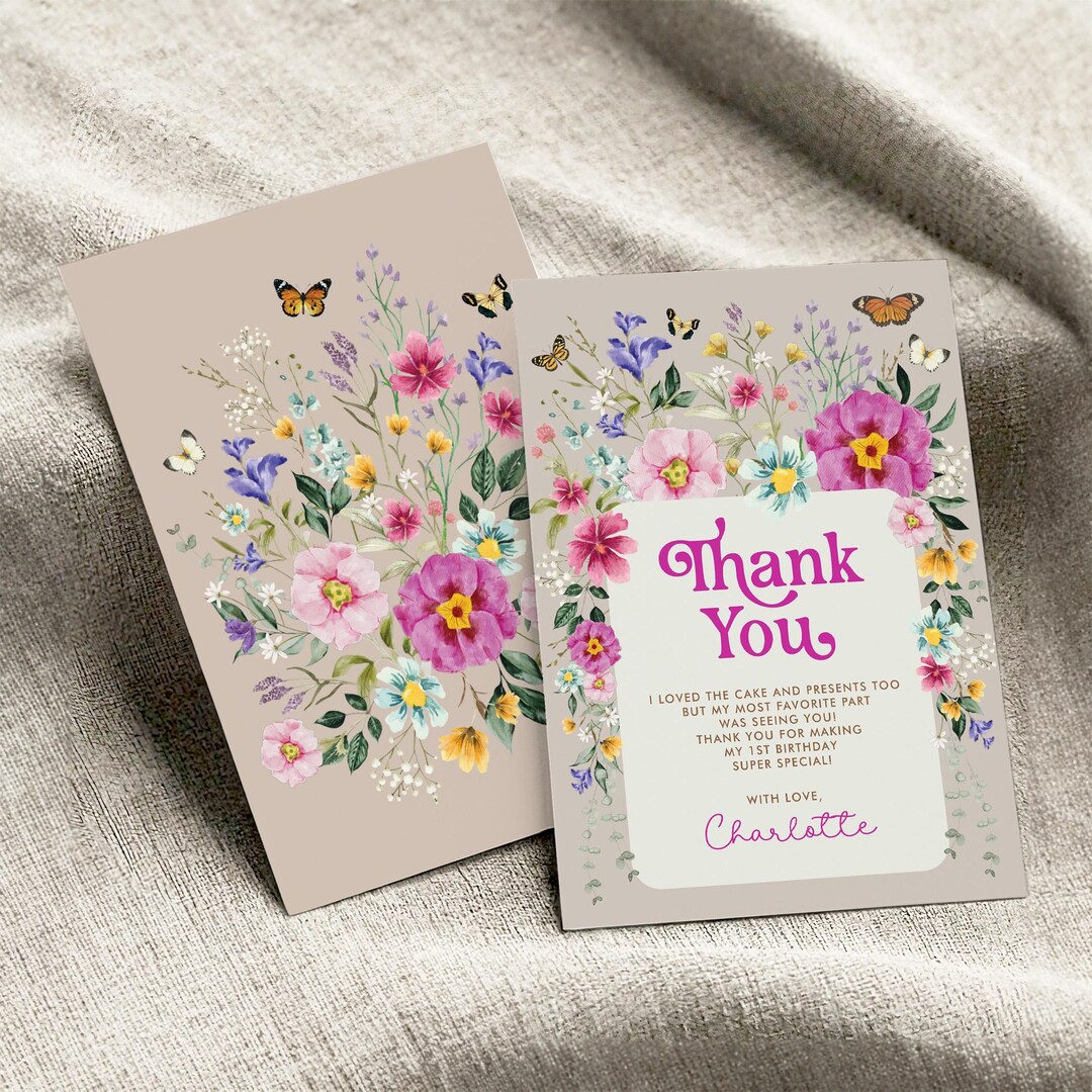 Editable Wildflower Thank You Card, Boho Floral Birthday Garden Party ...