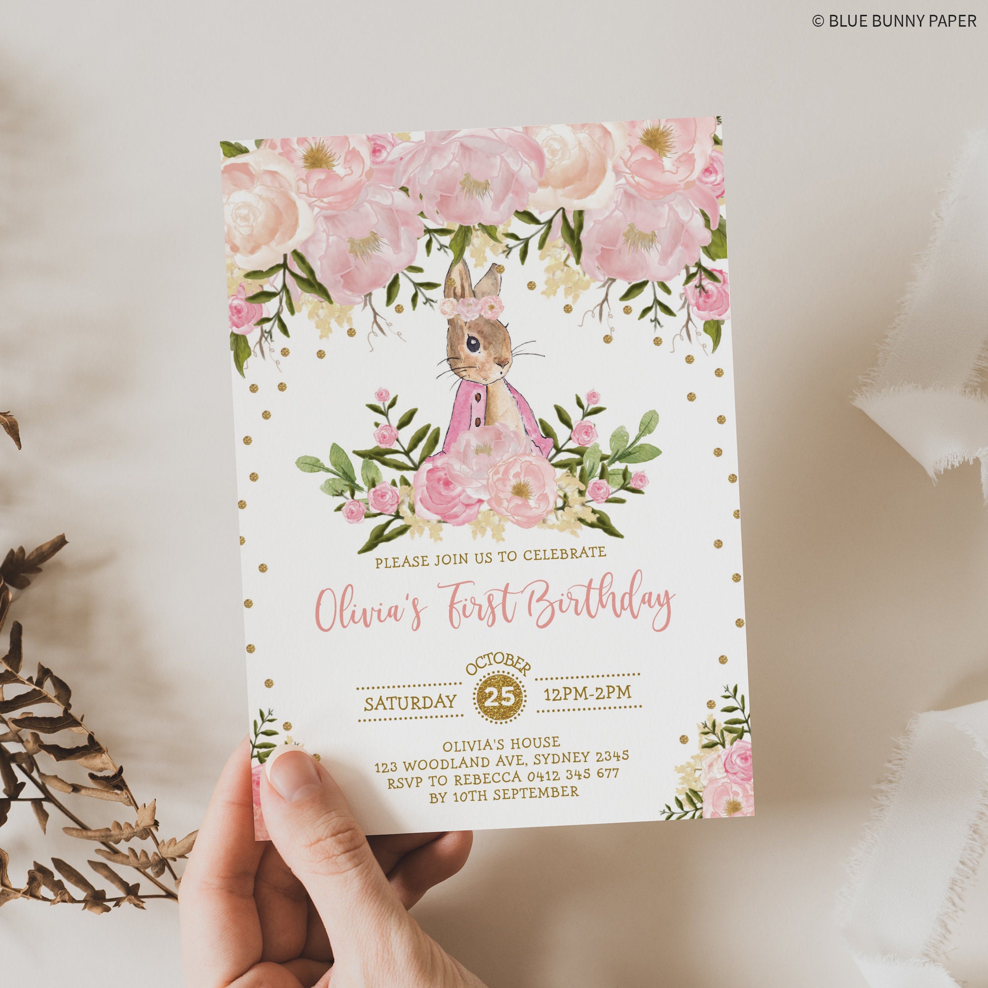 EDITABLE Bunny Birthday Invitation Pink Floral Rabbit 1st | Etsy