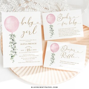 Pink Balloon Girl Baby Shower Invitation Bundle Eucalyptus Balloon ...