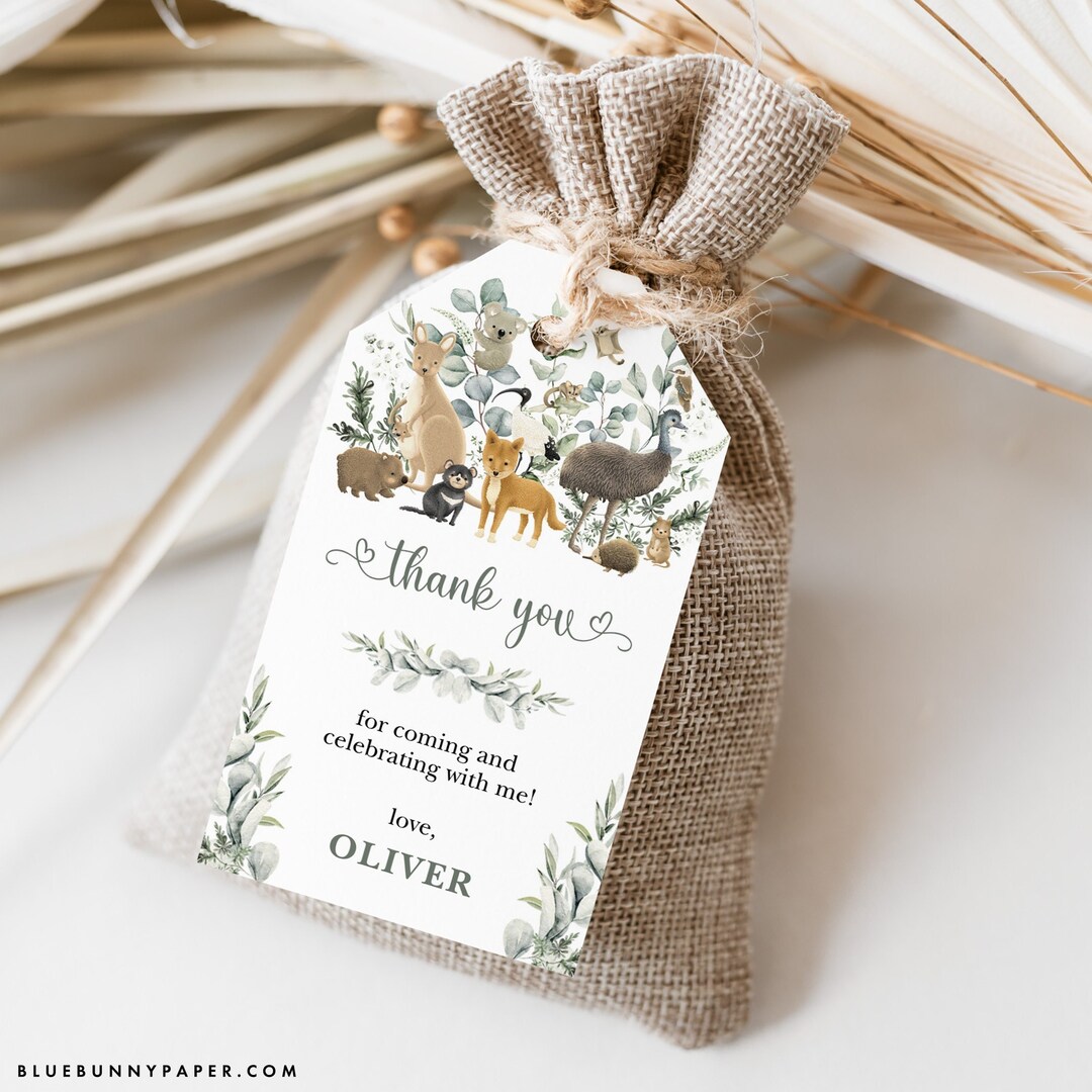 Sage Green Australian Animals Favor Tag Eucalyptus Wild One Birthday ...