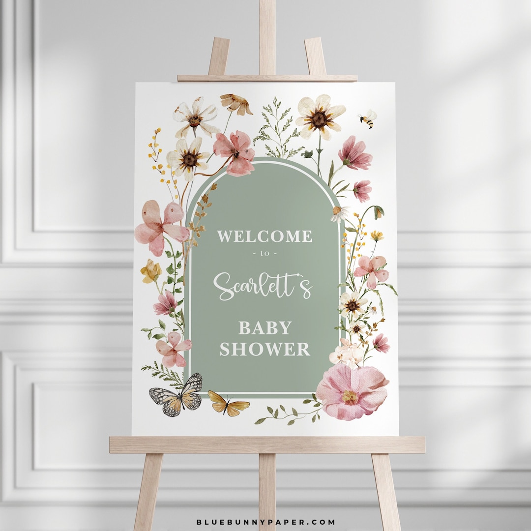 Editable Wildflower Baby Shower Welcome Sign, Sage Green Floral Garden ...