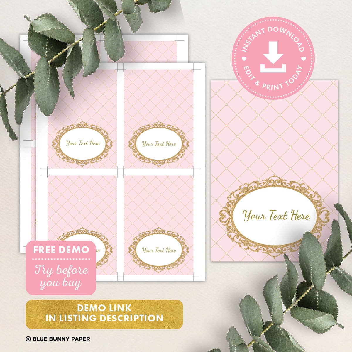 EDITABLE Pink and Gold Crown Princess Food Tent Labels, Place Cards ...