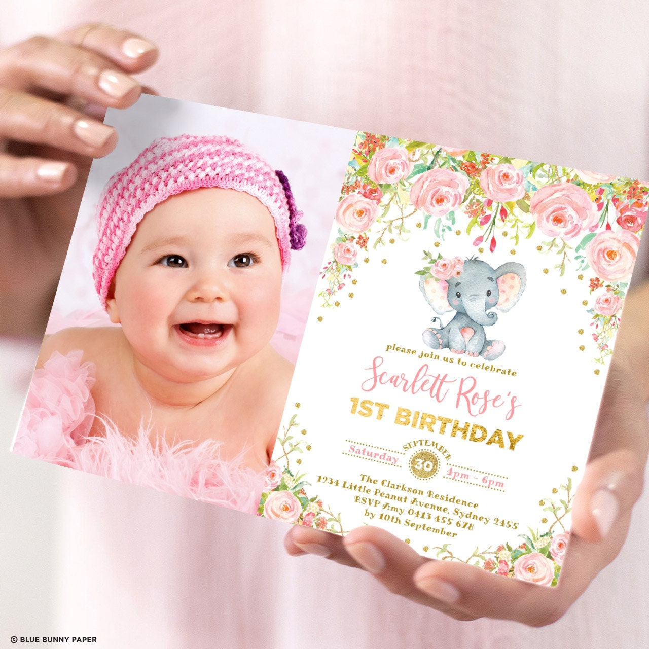 EDITABLE Elephant Birthday Invitation Pink Floral Elephant | Etsy