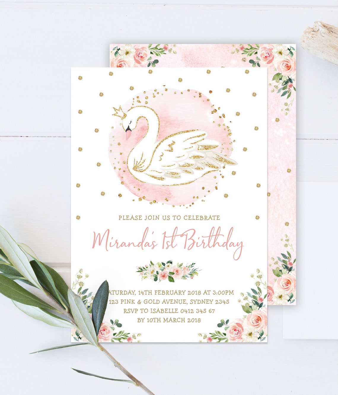 Swan Princess Birthday Invitation Template. EDITABLE Pink & Gold Floral ...