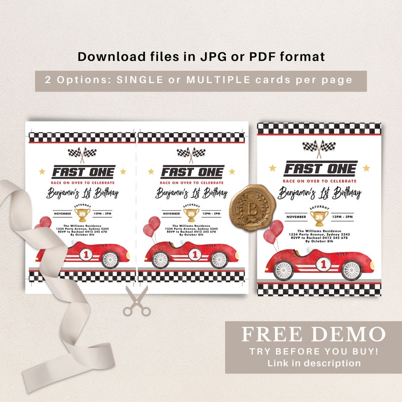 Editable Fast One Birthday Invitation Template Race Car Themed Digital ...