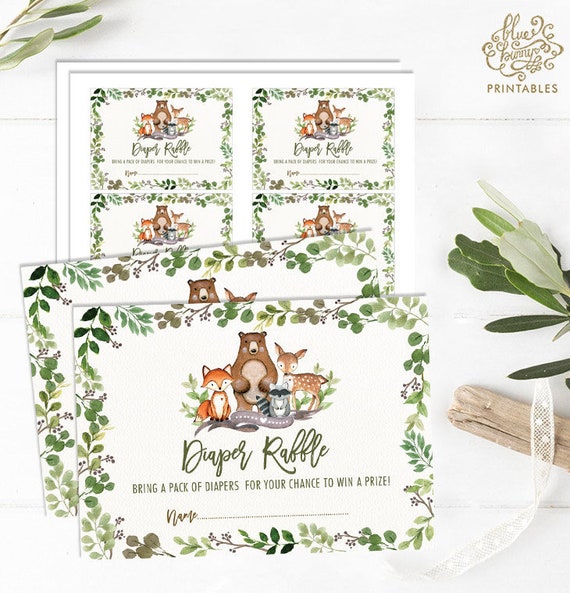 Woodland Animals DIAPER Raffle. Greenery Botanical Baby Shower ...