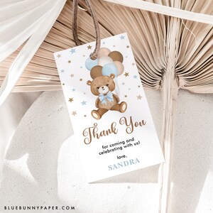 Teddy Bear Favor Tag We Can Bearly Wait Blue Brown Balloon Baby Shower ...