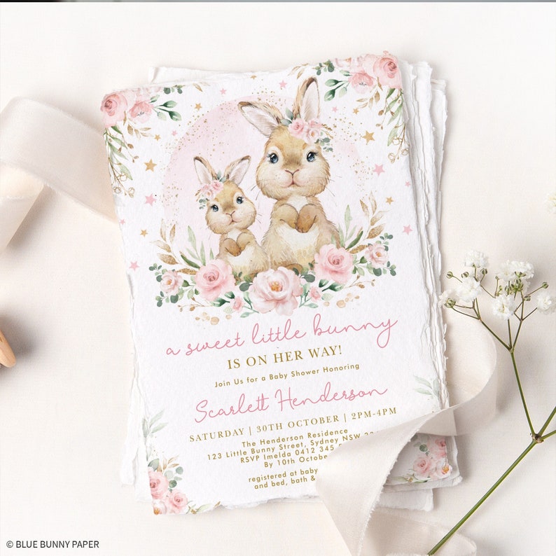 Pink Floral Bunny Baby Shower Invitation EDITABLE Baby Girl - Etsy