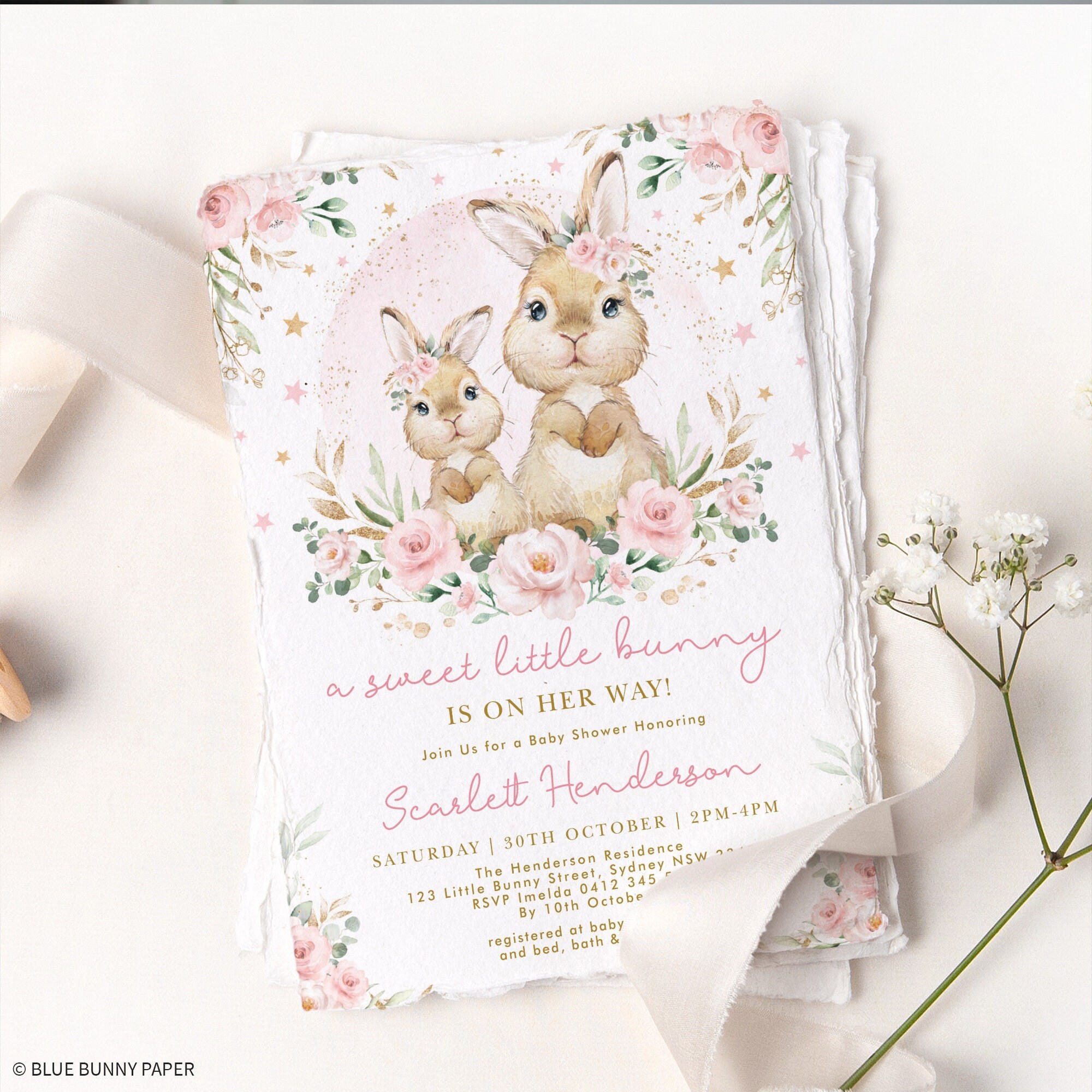 Pink Floral Bunny Baby Shower Invitation EDITABLE Baby Girl - Etsy