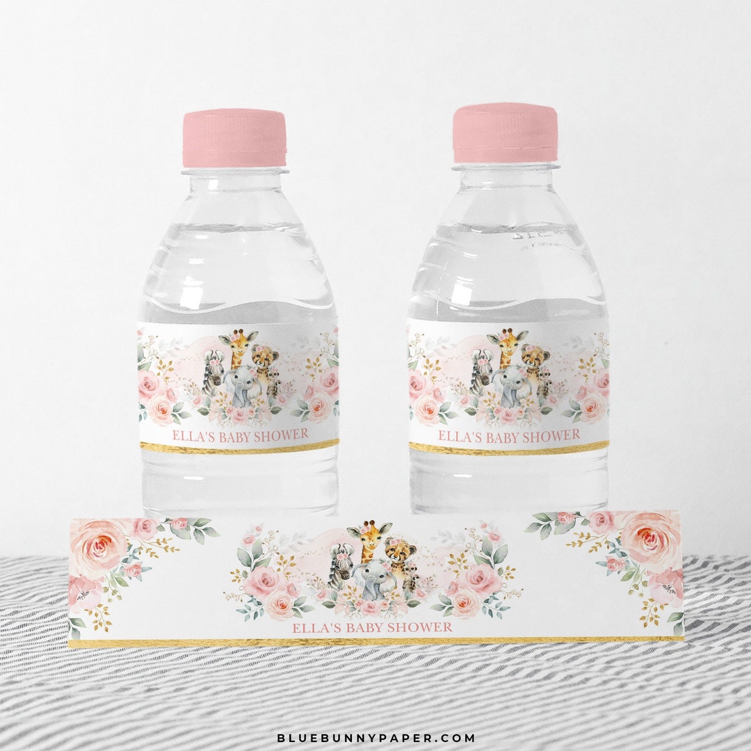 Blush Safari Water Bottle Label Jungle Animals Baby Shower Favors Pink ...