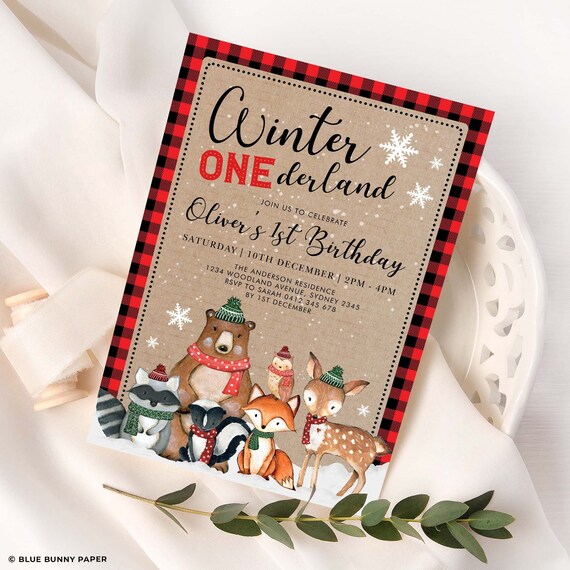 Woodland Winter Onederland Birthday Invitation, Lumberjack Forest ...