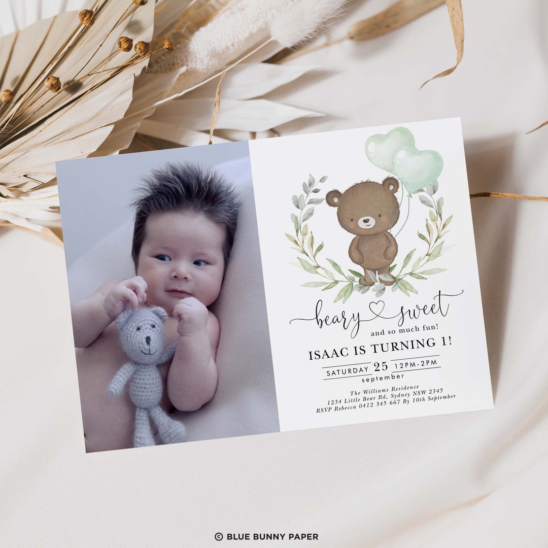 Teddy Bear Birthday Photo Invitation, Bear Balloons First Birthday ...