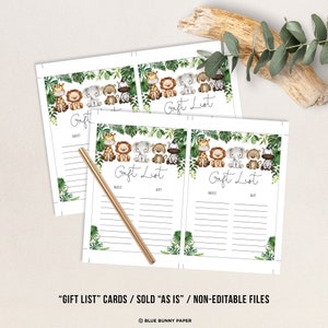 Jungle Safari Gift List Printable Card Greenery Wild Animals Baby ...