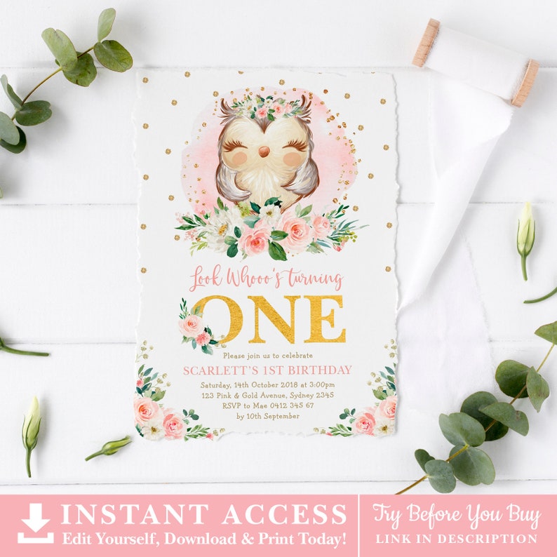 Editable Girl Owl 1st Birthday Invitation. Pink Gold Floral - Etsy