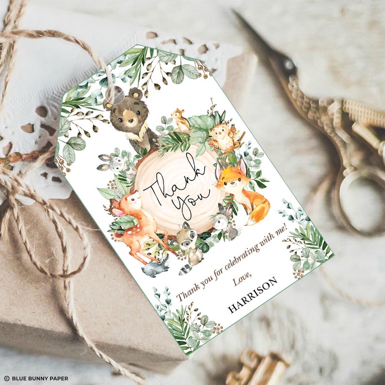 EDITABLE Woodland Favor Tag Greenery Forest Animals Baby - Etsy