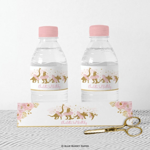 Girl Dinosaur Water Bottle Label, Ballerina Dinosaur Birthday, Blush ...