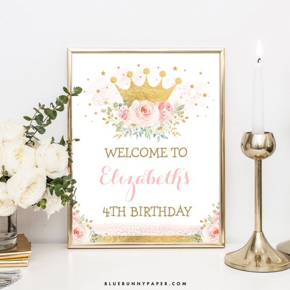 Crown Princess Welcome Sign Editable Template Pink Gold Floral Girl ...