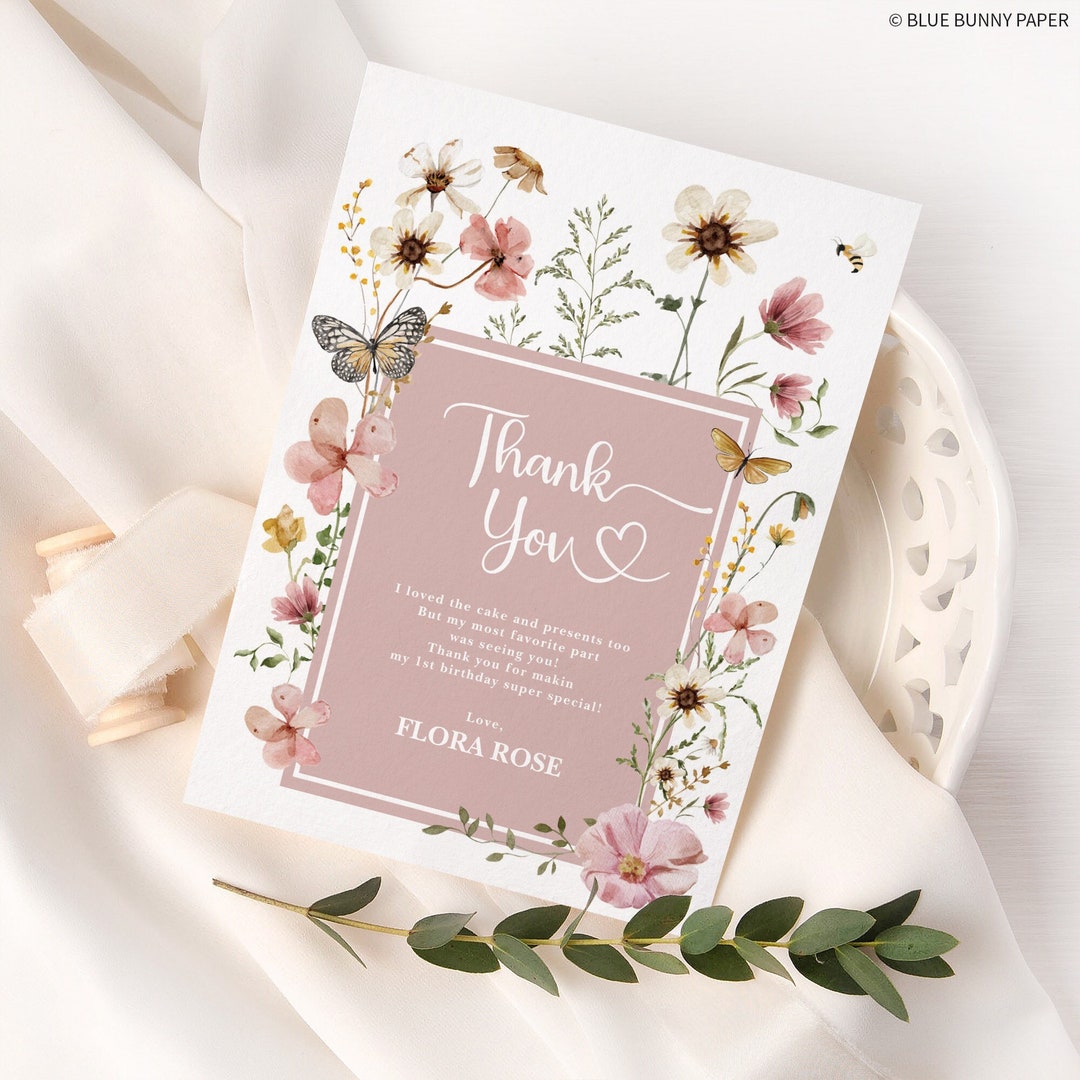 Editable Wildflower Thank You Card, Dusty Pink 1st Birthday Garden ...