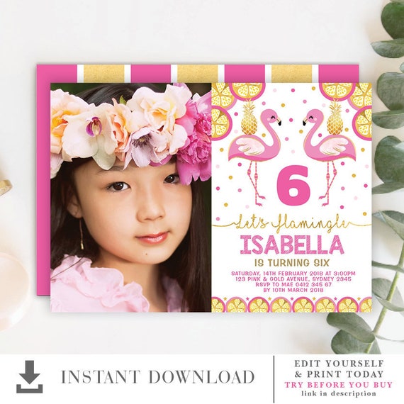 Editable Flamingo Birthday Invitation Hot Pink Gold Tropical Summer