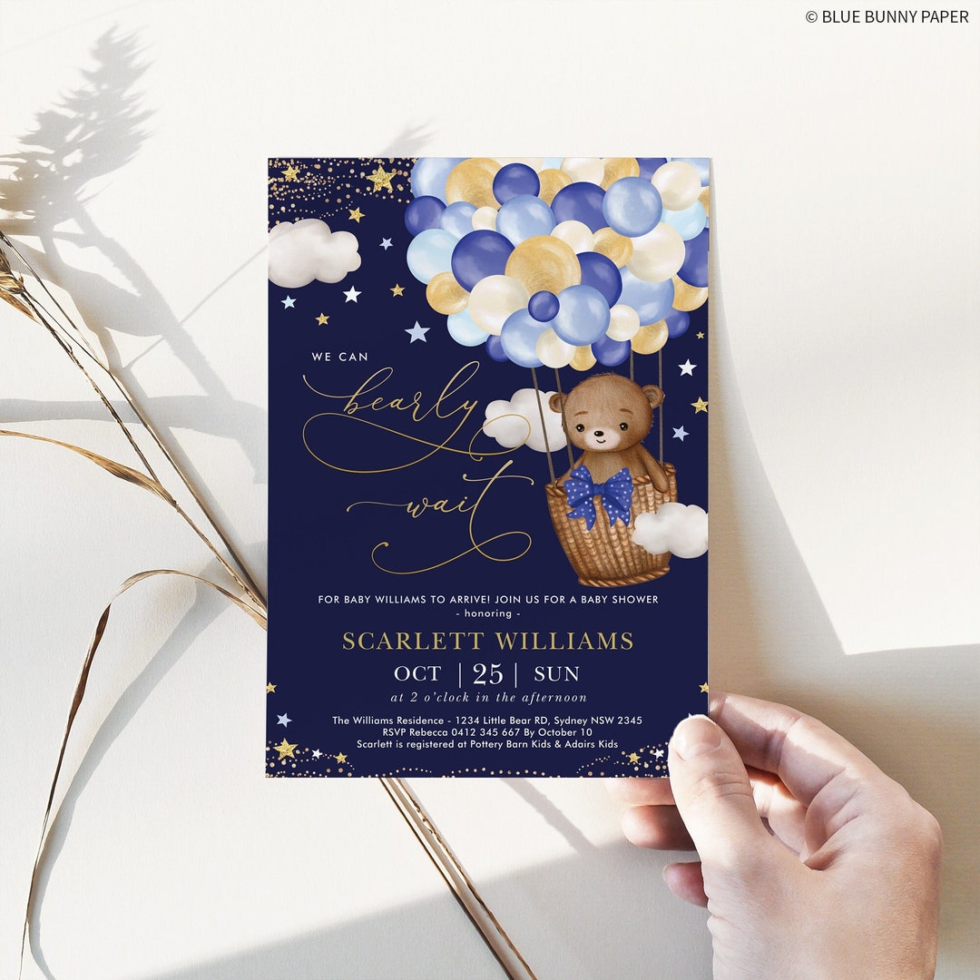 Editable Teddy Bear Baby Shower Invitation Navy Gold We Can Bearly Wait ...