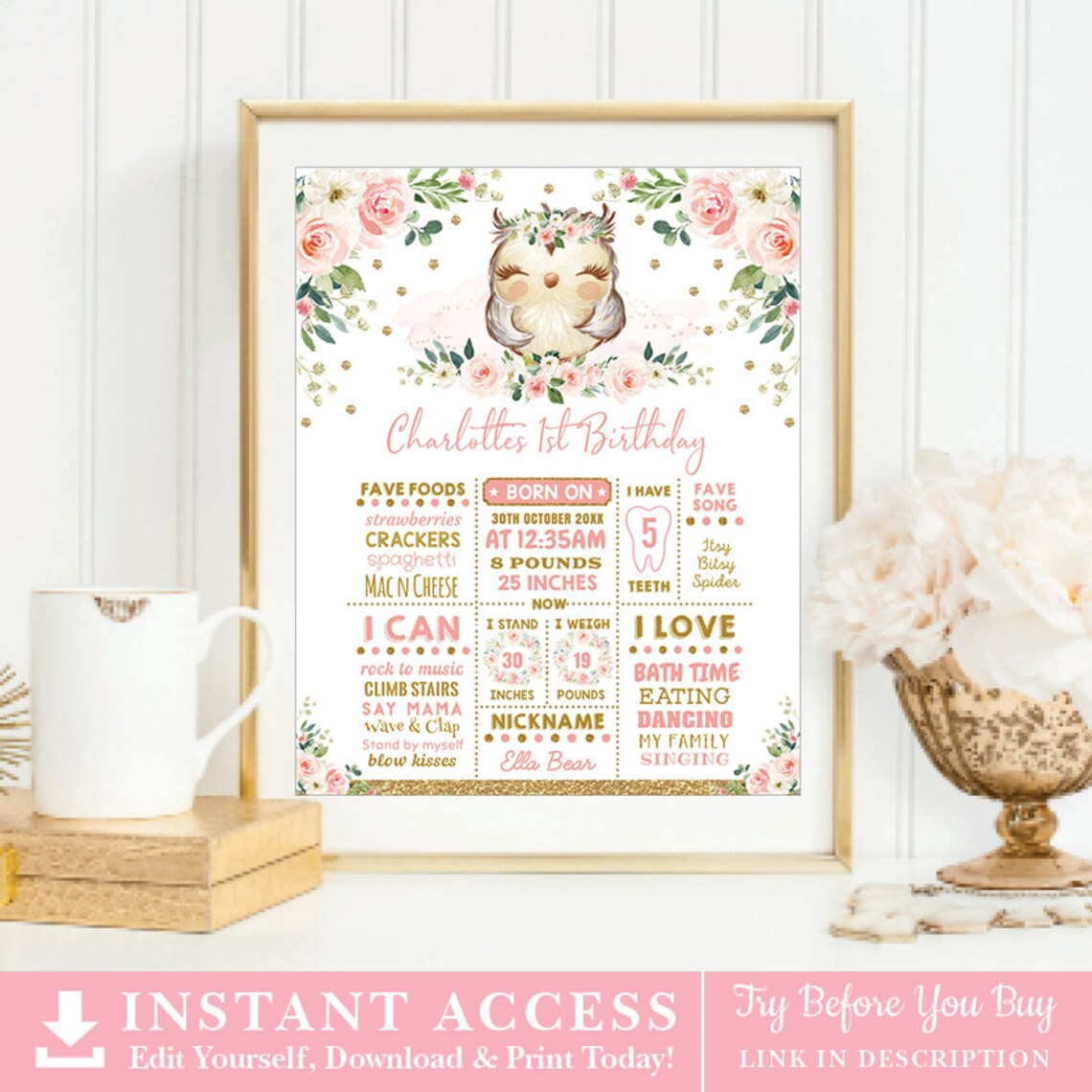 Girly Owl 1st Birthday Milestone Poster. Blush Floral Owl Chalkboard ...