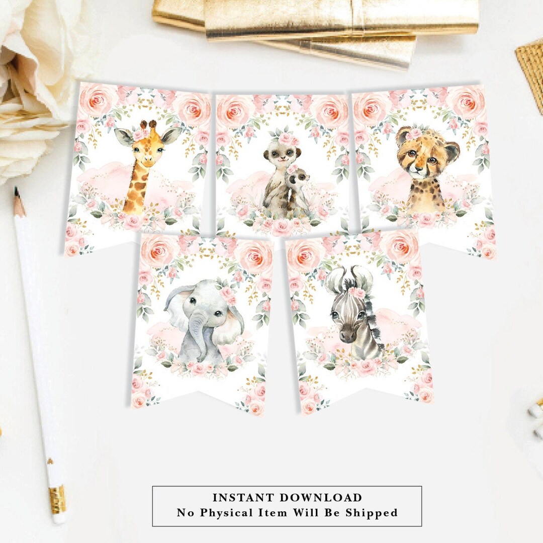 Blush Safari Animals Printable Banner, Pink Floral Wild One 1st ...