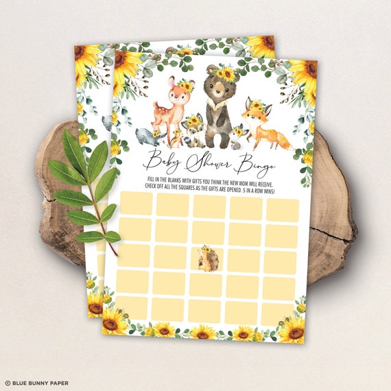 Bingo Baby Shower Games, Sunflower Woodland Animals Printable Card ...