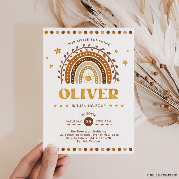 Editable Boho Rainbow Birthday Invitation, Terracotta Sunshine Party ...