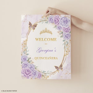 Editable Quinceanera Welcome Sign - Elegant Tiara and Butterflies in ...