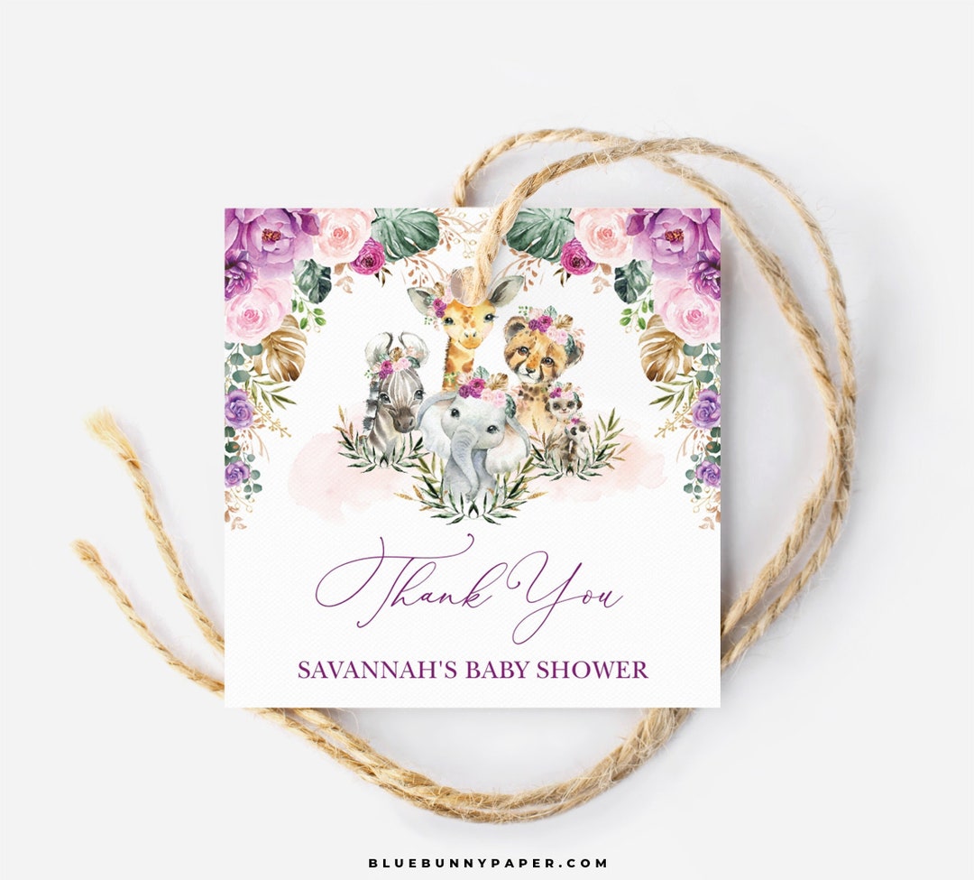EDITABLE Safari Square Tag Boho Jungle Girl Baby Shower Favors Purple ...