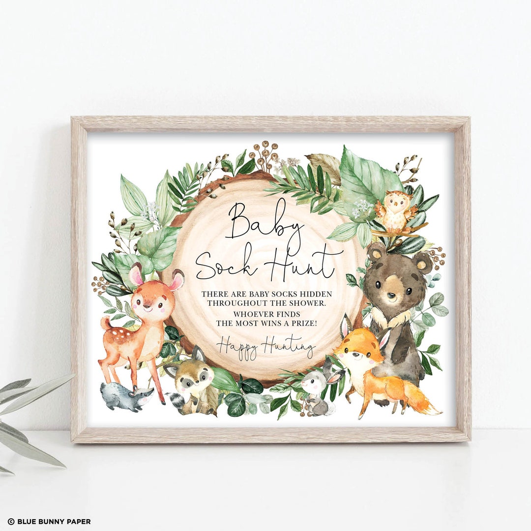Baby Sock Hunt, Woodland Baby Shower Game Sign, Sock Hunting Game ...