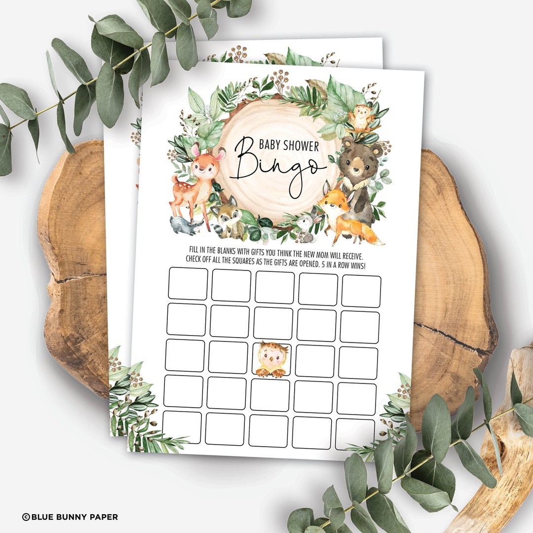 Bingo Baby Shower Game. Greenery Woodland Animals. Rustic Botanical ...