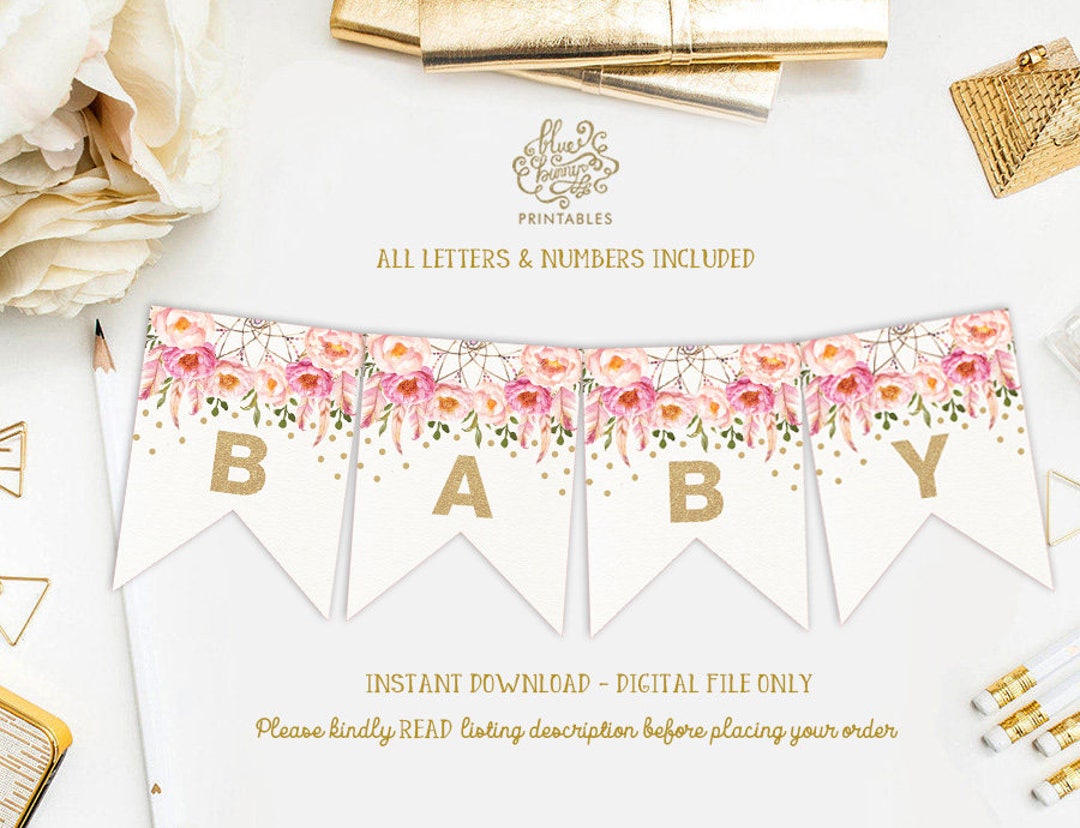 Pink Floral Birthday Printable Banner. Pink Gold Boho Party Decorations ...