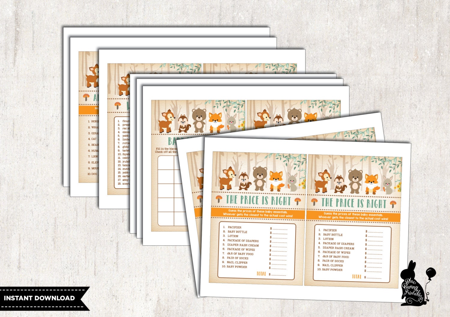 Woodland Baby Shower GAMES PACKAGE. 8x Rustic Forest Animals | Etsy