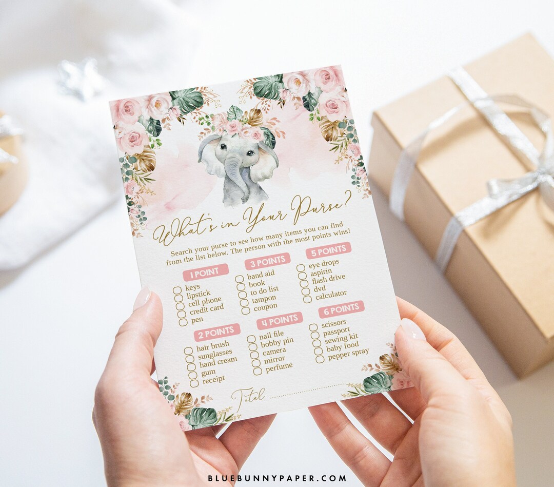 Girl Elephant Baby Shower Game What's in Your Purse Boho Pink Elephant ...