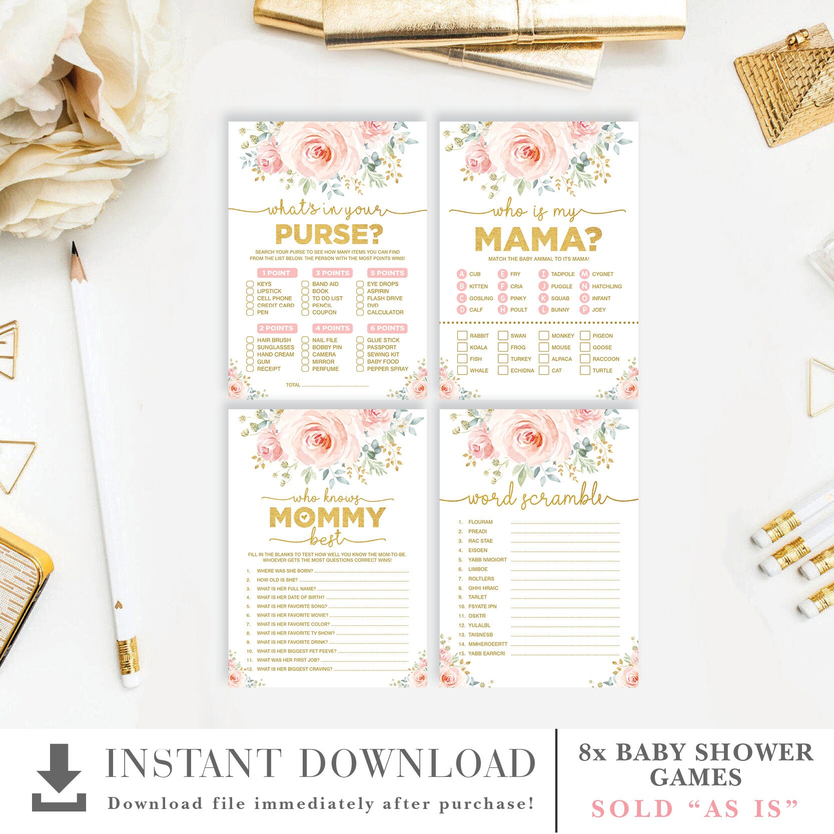 Blush Pink Floral Baby Shower Games Package. Soft Pastel Watercolor ...