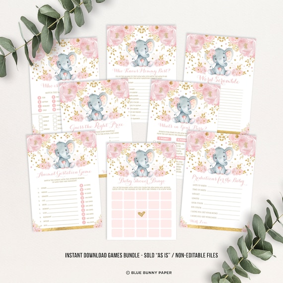 Girl Elephant Baby Shower GAMES BUNDLE. 8x Blush Gold Jungle Printable ...