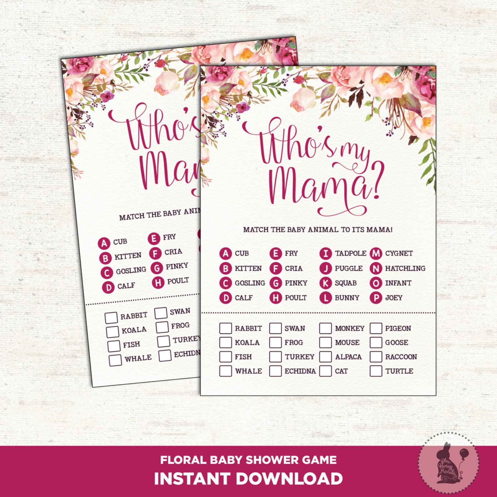 Floral BABY SHOWER GAME. Match Baby Animals Game. Rustic Boho | Etsy