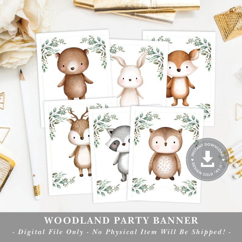 Cute Woodland Animals Printable Banner, Greenery Forest 1st Birthday ...