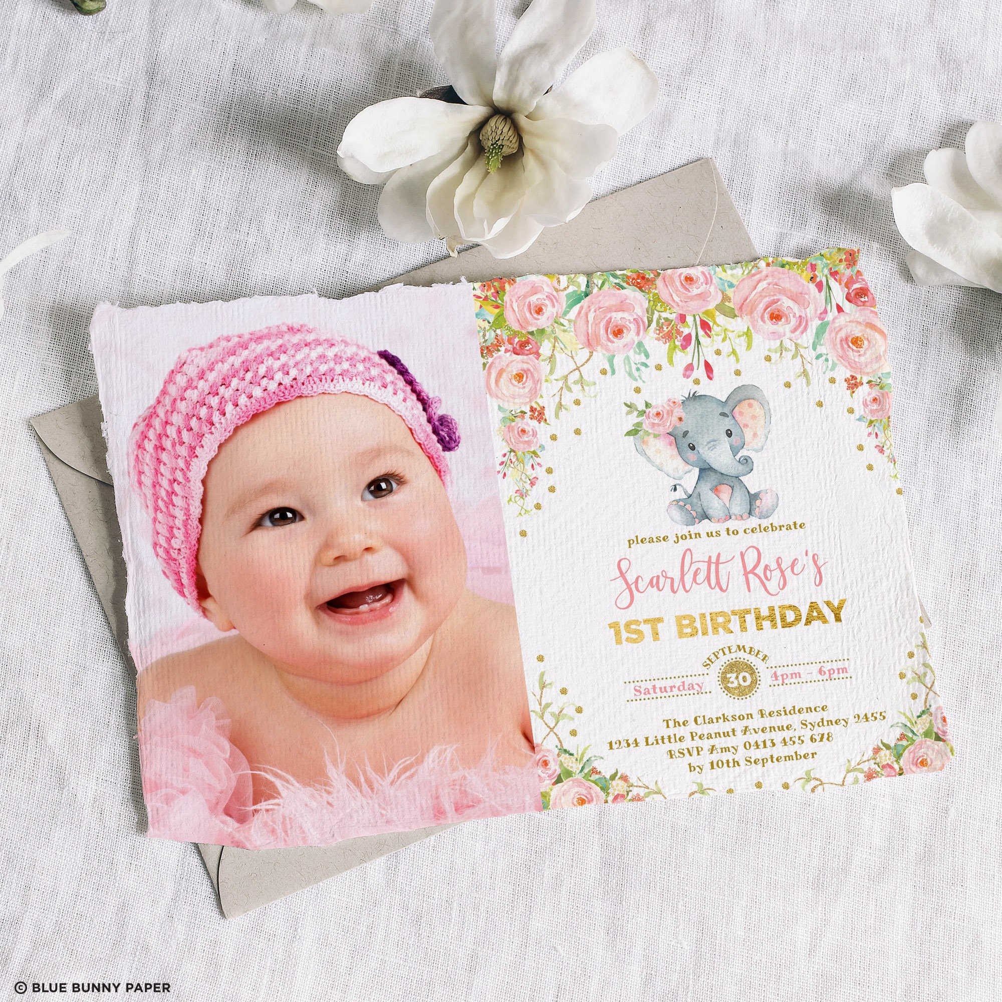 EDITABLE Elephant Birthday Invitation Pink Floral Elephant Party Invite ...