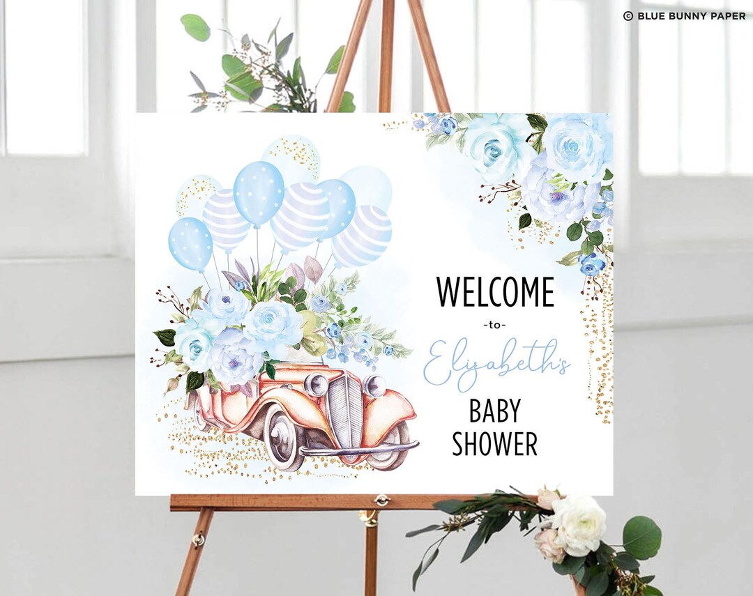 Editable Drive by Baby Shower Welcome Sign Blue Floral Vintage Car Yard ...