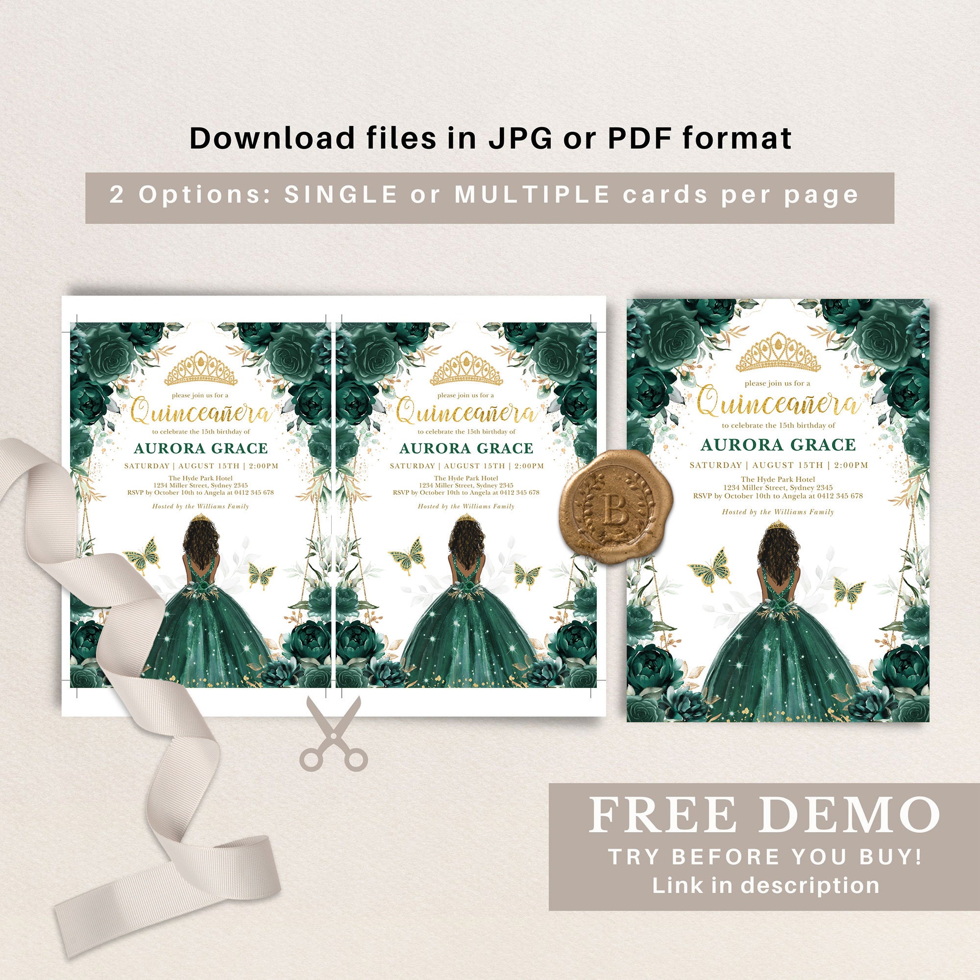 Emerald Green Quinceañera Invitation Brown Skin Princess Mis - Etsy