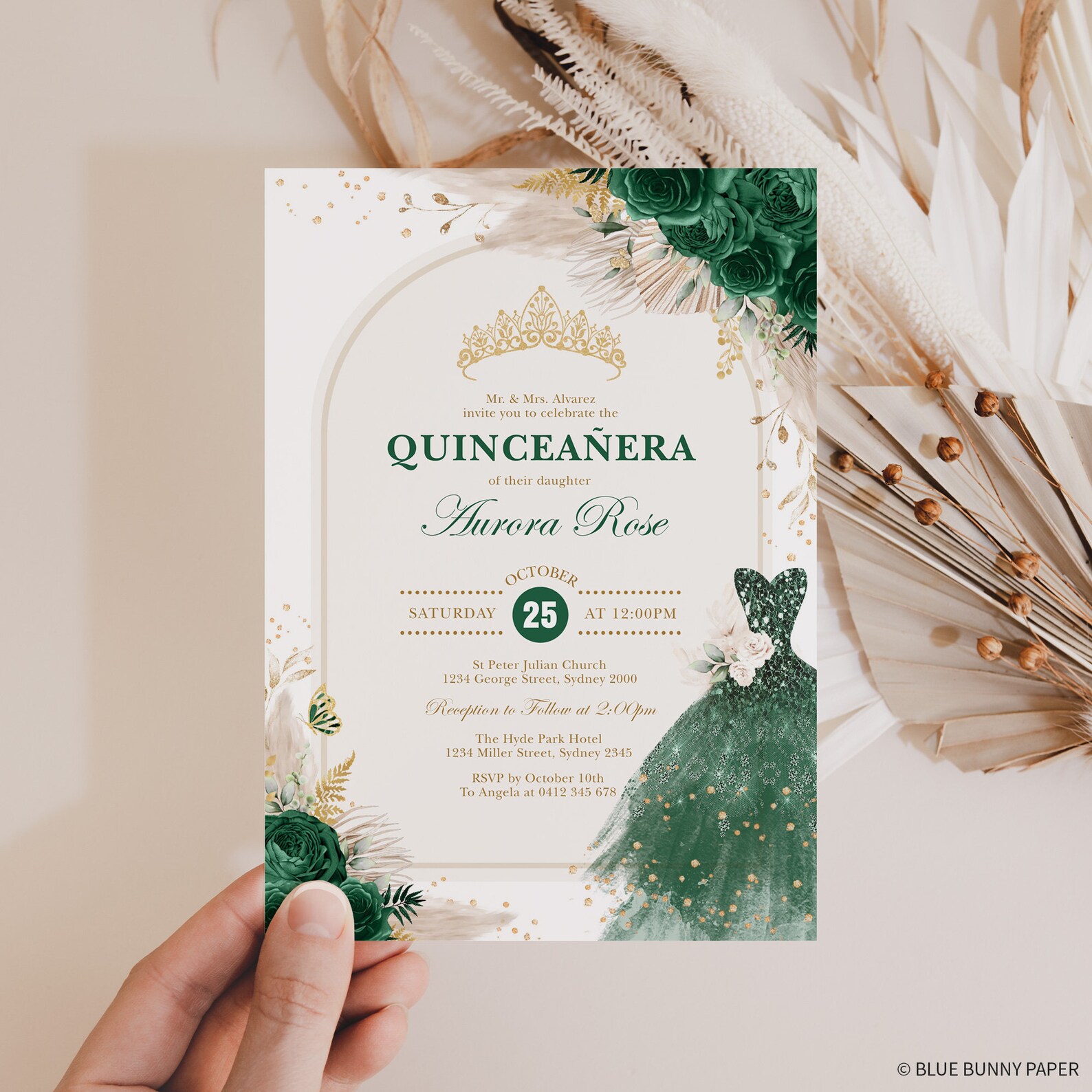 Emerald Green Quinceanera Invitation Template, Mis Quince 15 Anos ...