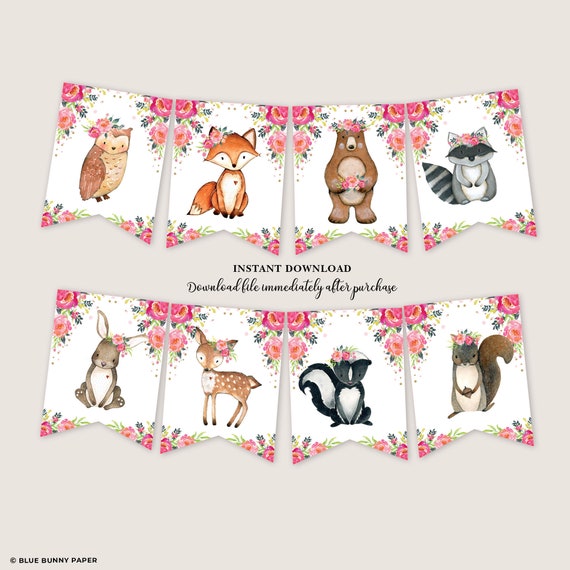 Girl Woodland Animals Printable Banner, Hot Pink Floral Forest Baby ...