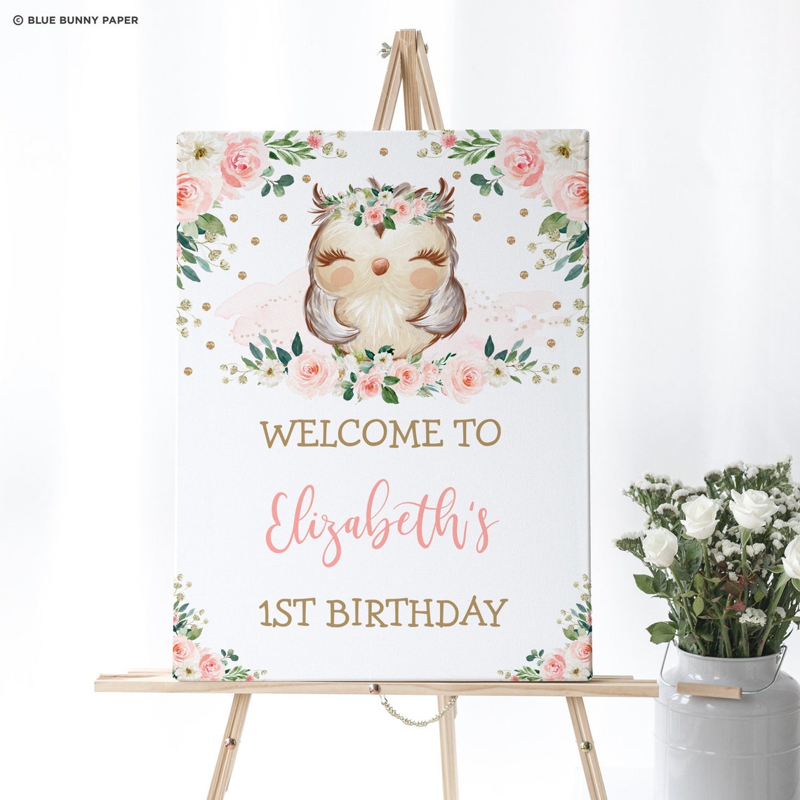 EDITABLE Girl Owl Birthday Welcome Sign Blush Gold Floral Owl - Etsy